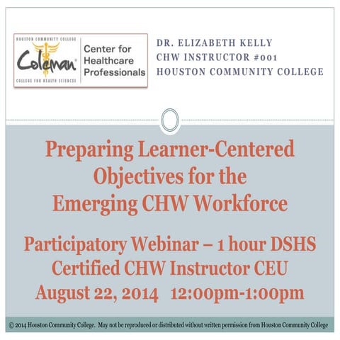 Preparing Learner-Centered Objectives for the Emerging CHW Workforce | PPTX