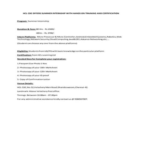 Hcl cdc offers summer internship with hands on training and ...