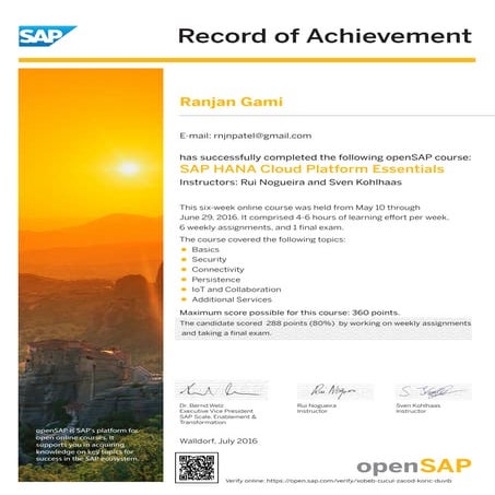 Record of Aachievement - SAP HANA Cloud Platform Essentials | PDF