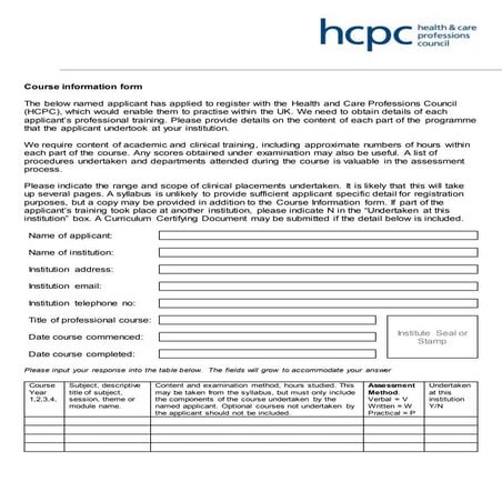 Hcpc Course Information Form Docx