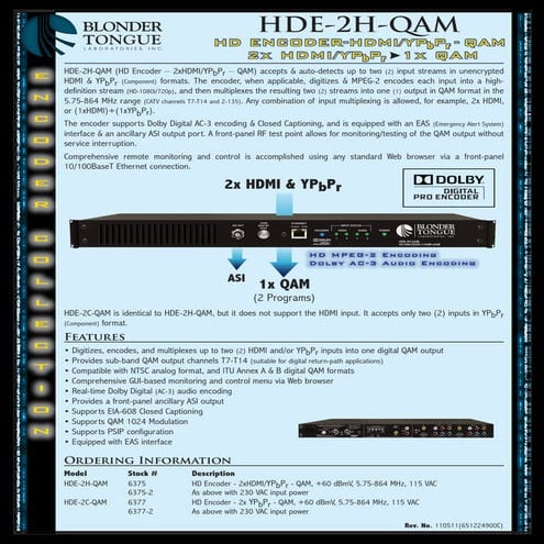 Blonder Tongue HDE-2H-QAM Specification | PDF
