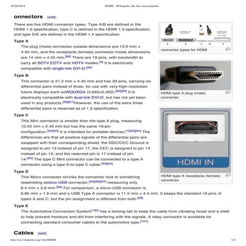 HDMI 5 Types of Connectors Wikipedia | PDF