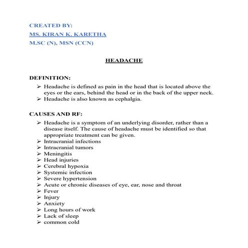 HEADACHE ALL TYPES.pdf FOR NURSING STUDENTS CREATED BY KIRAN KARETHA | PDF