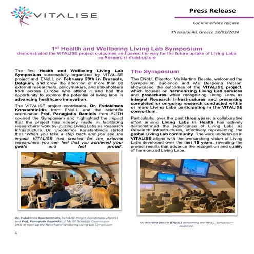 VITALISE Project - Press Release of 1st Health and Wellbeing Living Lab ...