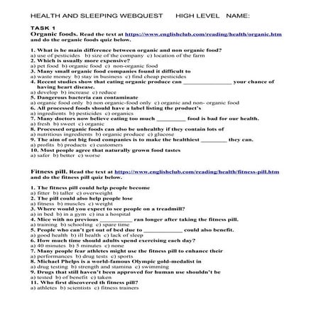 Health and sleeping webquest high level | PDF