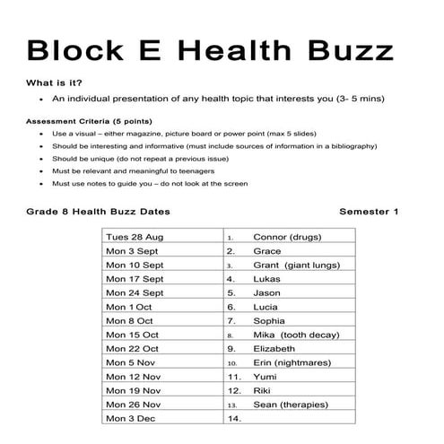 Health buzz dates block e | DOC