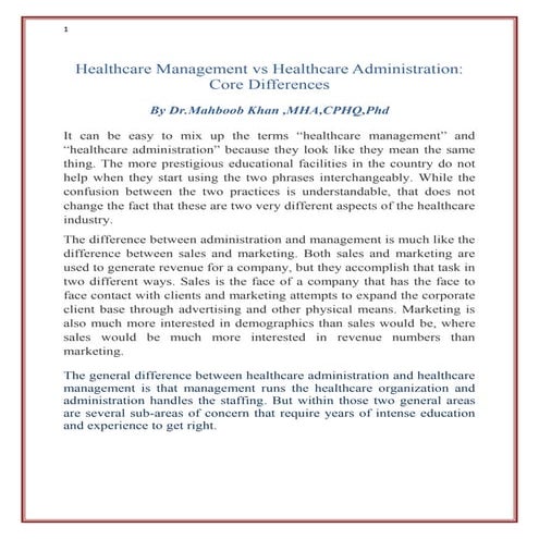 Healthcare Management vs Healthcare Administration core differences by Dr.Mahboob Khan ,MHA,CPHQ ...