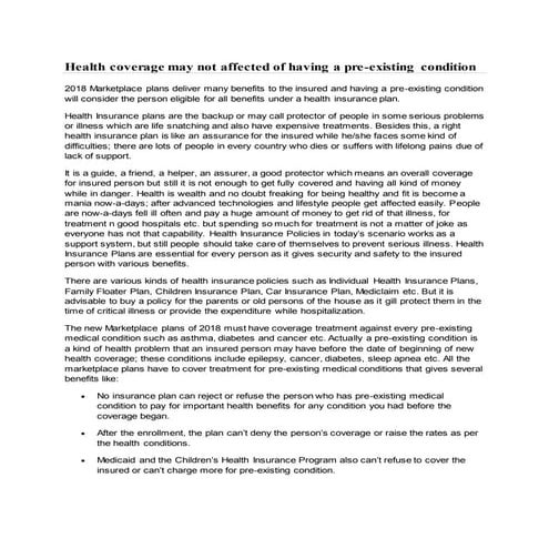 Health coverage may not affected of having a pre-existing condition ...