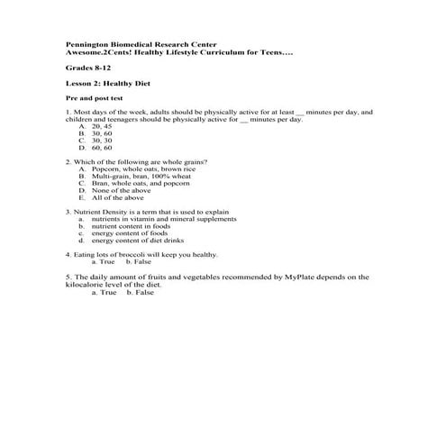 Healthy diet Unit 2 pre and post test | PDF