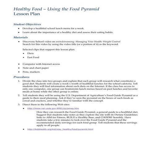 Healthy food lesson plan | DOC