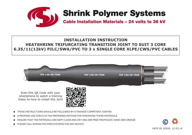11kV Heat Shrink Cable Terminations - Prysmian HIT3XC11 3 Core 95 ...