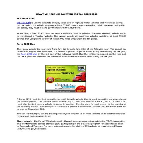 Heavy vehicle use tax with IRS tax form 2290 | PDF