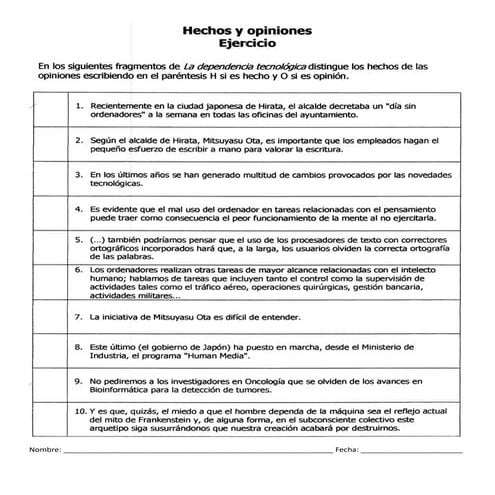 Hechos y opiniones ejercicio | PDF