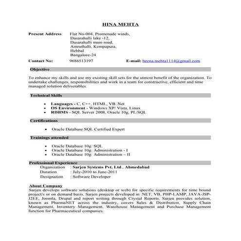 Heena mca 1_yr exp-ocp | DOC