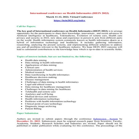 3rd International conference on Health Informatics (HEIN 2025) | PDF