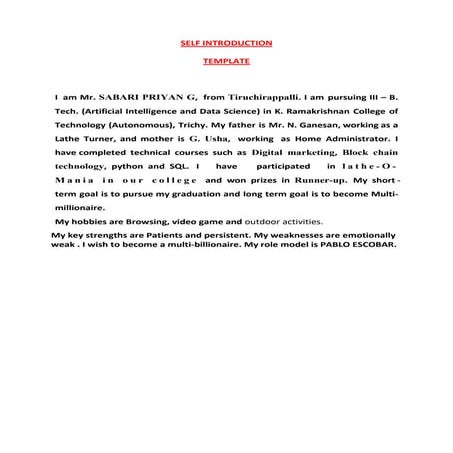 SABARI PRIYAN's self introduction as a reference | DOCX