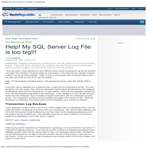 Help My Sql Server Log File Is Too Big Tech Republic Pdf