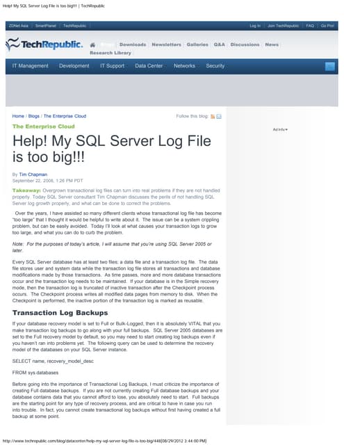 Help My Sql Server Log File Is Too Big Tech Republic Pdf