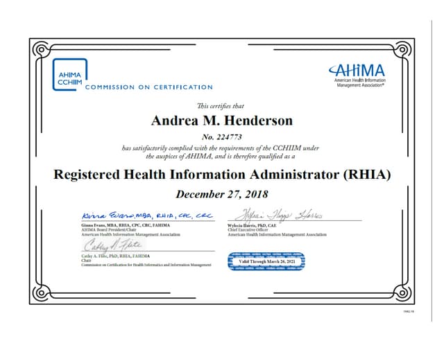 2019 AHIMA Membership Certificate