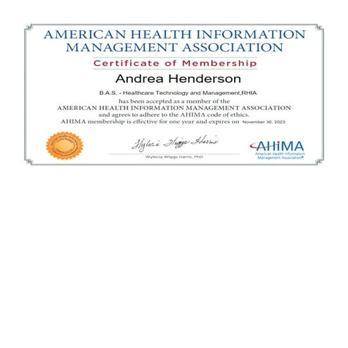 Henderson AHIMA Certificate of Membership | PDF
