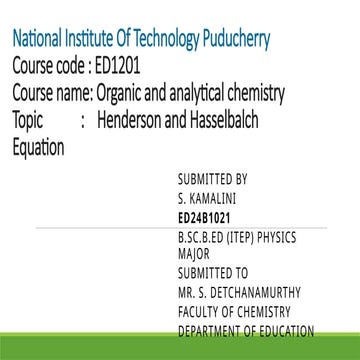Henderson and Hasselbalch Equation to calculate pH | PPTX