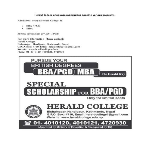 Herald College announces admissions opening various programs | DOCX ...