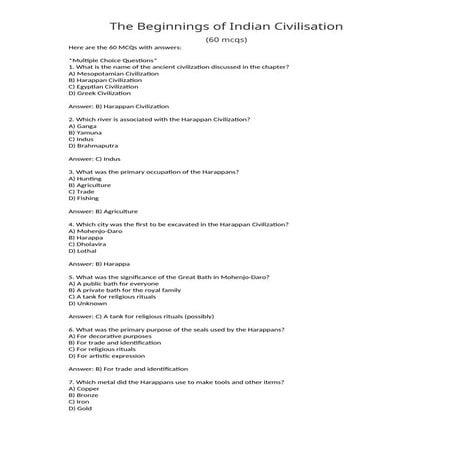 The Beginnings of Indian Civilisation 60 MCQs with answers | DOCX