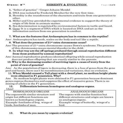 Heredity and evolution class 10th Questions | DOCX