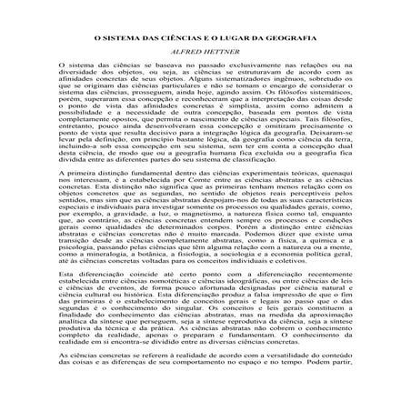 O sistema das ciências e o lugar da Geografia - Hettner | PDF