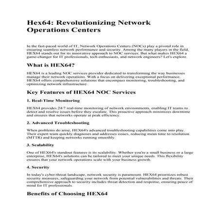 Hex64 Network Operation Center: Ensuring Seamless Connectivity and Reliability | DOCX