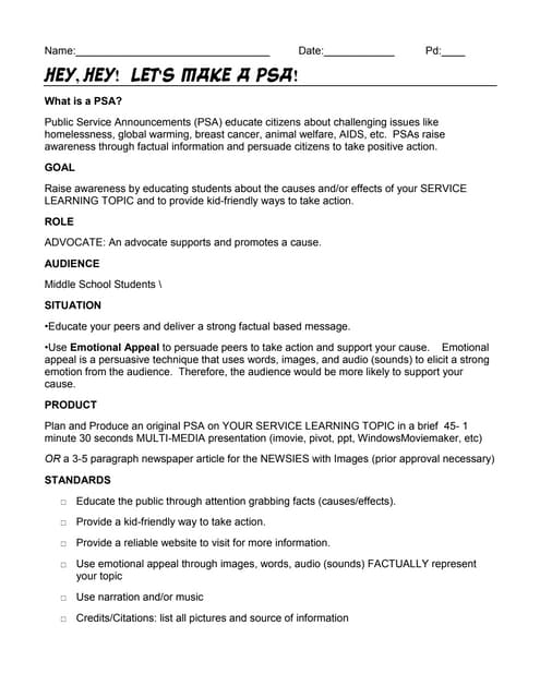 PSA DIRECTIONS & Practice Using Emotional Appeal | PDF