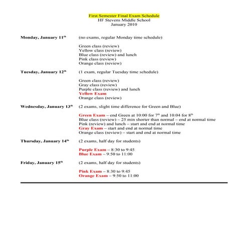 Hfs First Semester Final Exam Schedule Jan 2010[1] | PDF