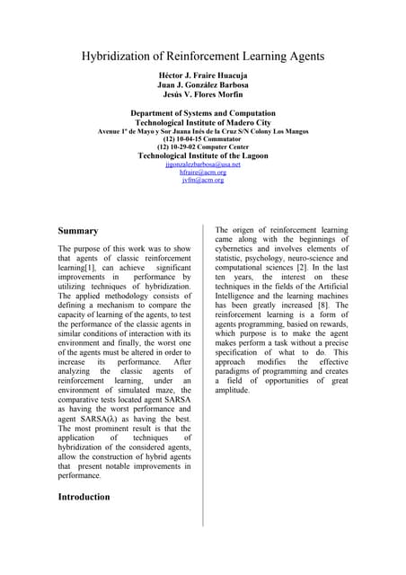 Hibridization Of Reinforcement Learning Agents Pdf