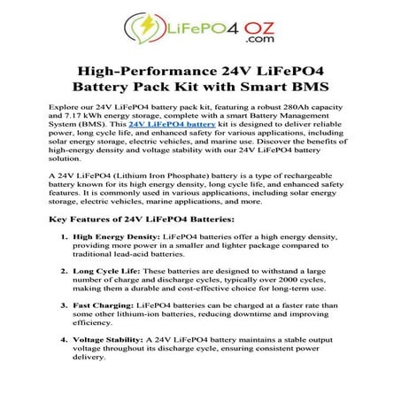 High-Performance 24V LiFePO4 Battery Pack Kit with Smart BMS | PDF