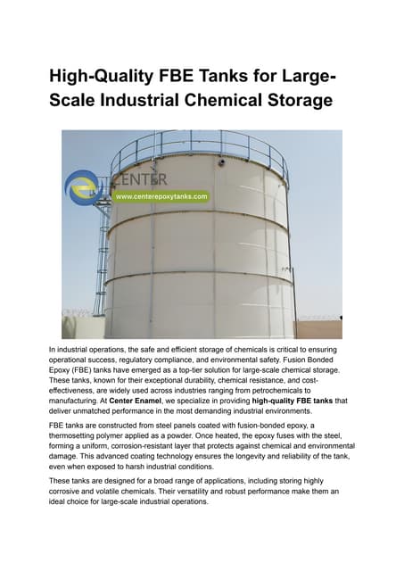 Fusion Bonded Epoxy (FBE) Tanks by Center Enamel for Vegetable Oil Storage.doc