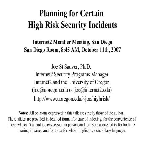 Planning for Certain High Risk Security Incidents | PPT