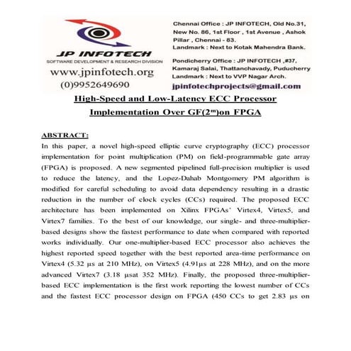 High Speed And Low Latency Ecc Processor Implementation Over Gf2m On Fpga Docx