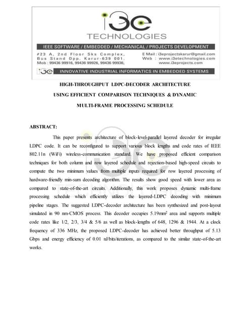 High Throughput Ldpc Decoder Architecture Using Efficient Comparison Techniques And Dynamic Multi