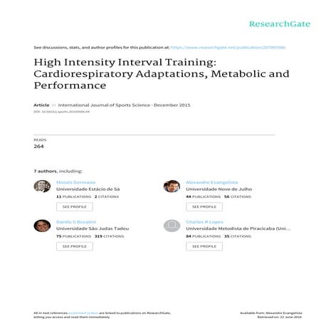 High intensity interval training cardiorespiratory adaptations, metabolic and performance | PDF