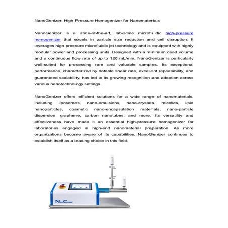 High Pressure Homogenizer - Genizer NanoGenizer Machinery | PDF