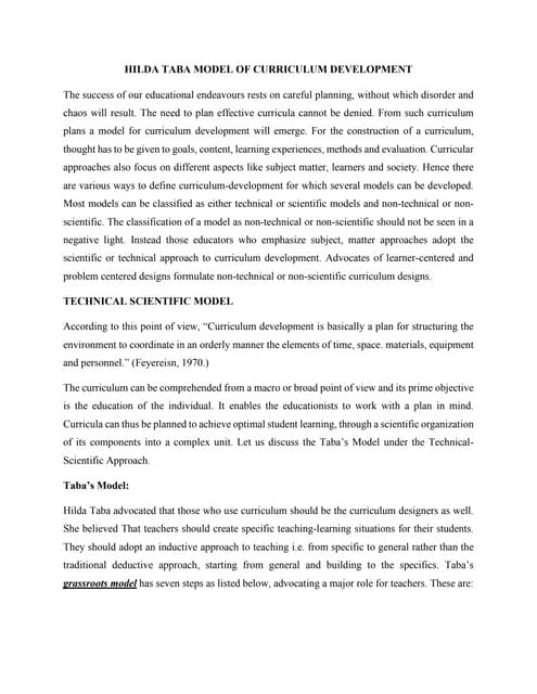 SCIENTIFIC MODELS OF CURRICULUM DEVELOPMENT RALPH TYLER AND HILDA TABA ...