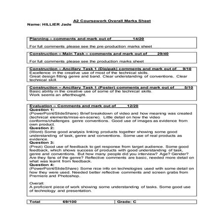 Hillier jade evaluation and overall feedback sheet | DOCX