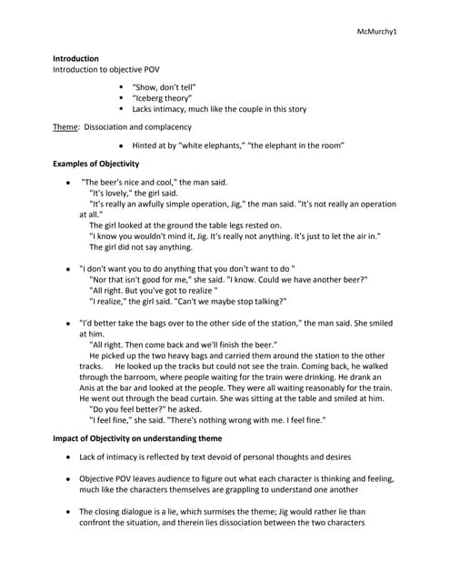 Lesson Plan on Hills Like White Elephants" by Ernest Hemingway | DOC