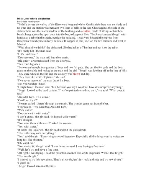 Lesson Plan on Hills Like White Elephants" by Ernest Hemingway | DOC