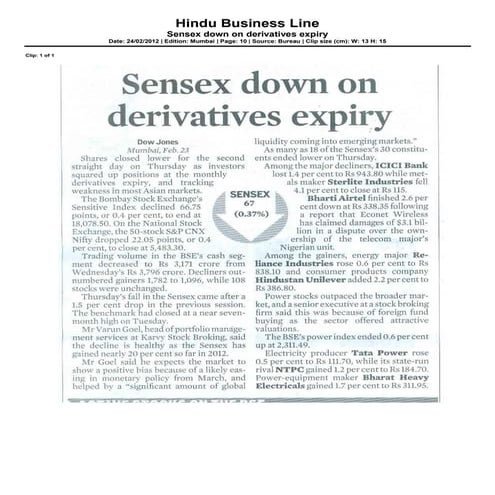 Hindu Business Line Mumbai - 24th Feb - Sensex Down on Derivatives ...