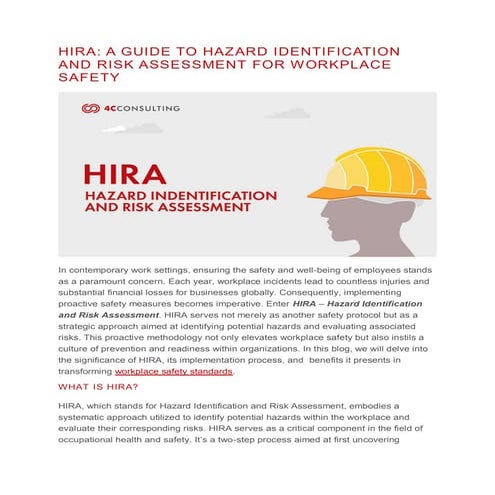 HIRA - A GUIDE TO HAZARD IDENTIFICATION AND RISK ASSESSMENT FOR ...