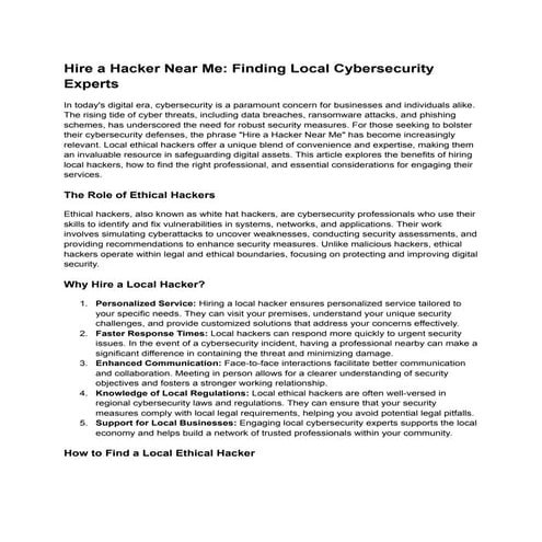 Hire a Hacker Near Me: Finding Local Cybersecurity Experts | PDF