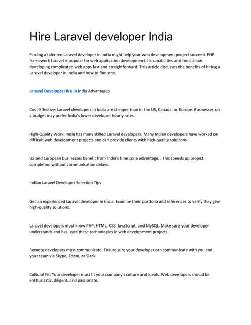 Hire Skill Laravel Developers From India Ppt