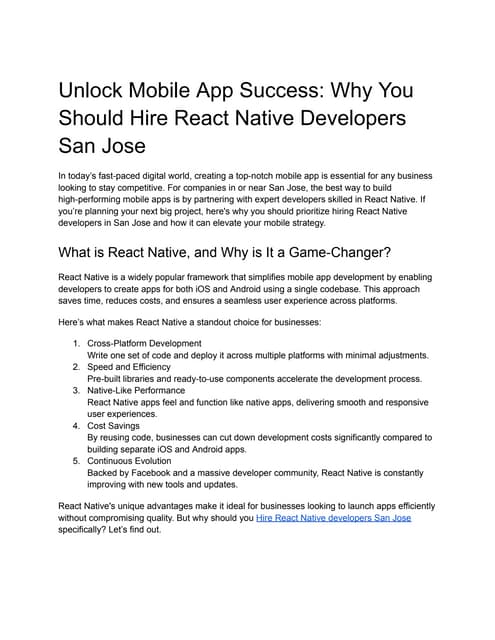 Unlock Mobile App Success Why You Should Hire React Native Developers San Jose Pdf