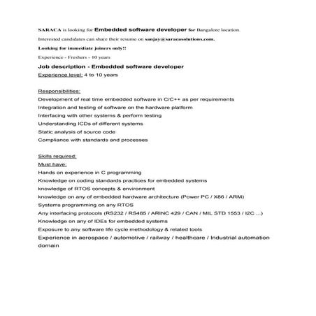 Hiring for Embedded Software Developer - SARACA Solutions | PDF